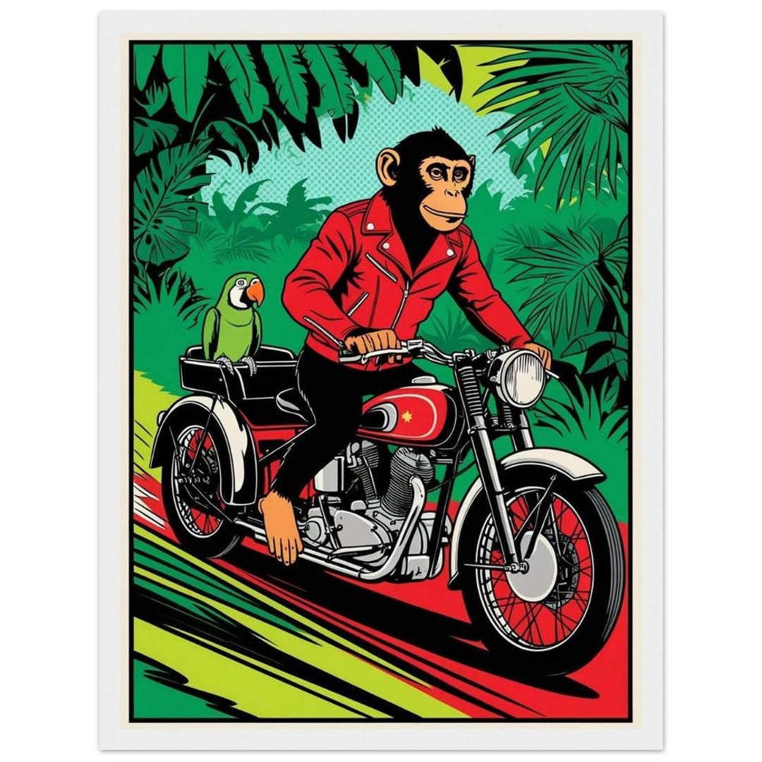 Monkey Riding Motorcycle Poster Jungle Adventure Framed Art Perfect for ...
