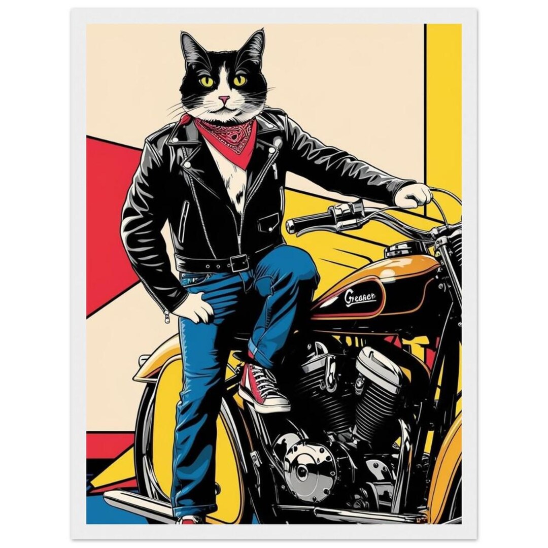 Vintage 1950s Greaser Cat Poster - Mounted Framed Art for Cat Lovers ...