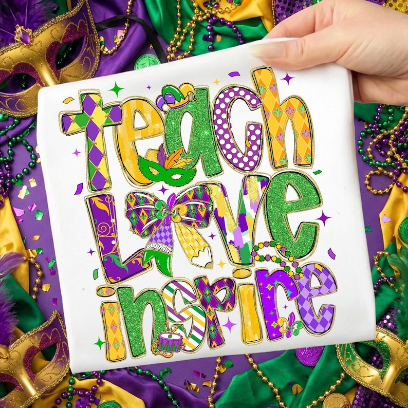Mardi Gras Teacher Png, Teach Love Inspire Png, Coquette Bow ...