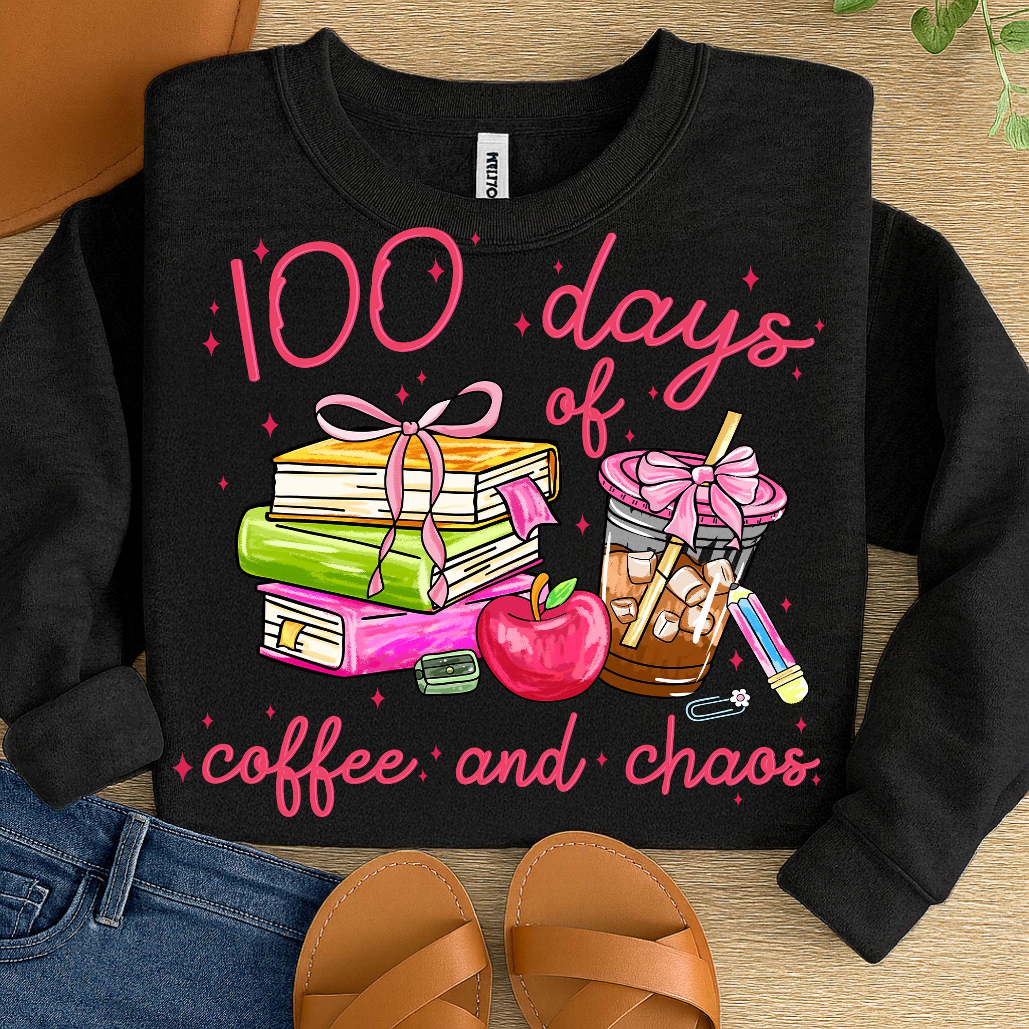 Preppy 100 Days of Coffee and Chaos PNG, Colorful Teacher 100 Days Png ...