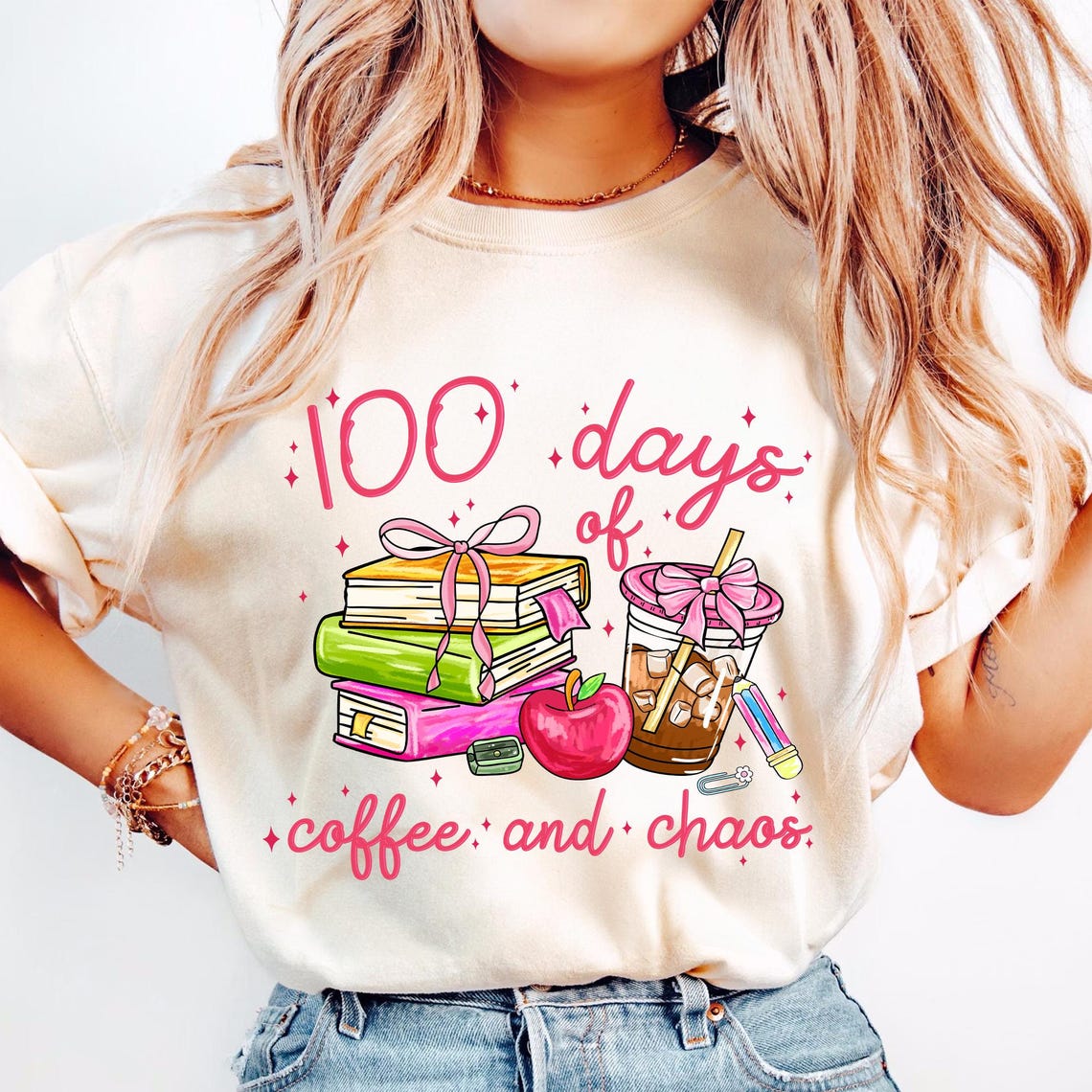 Preppy 100 Days of Coffee and Chaos PNG, Colorful Teacher 100 Days Png ...