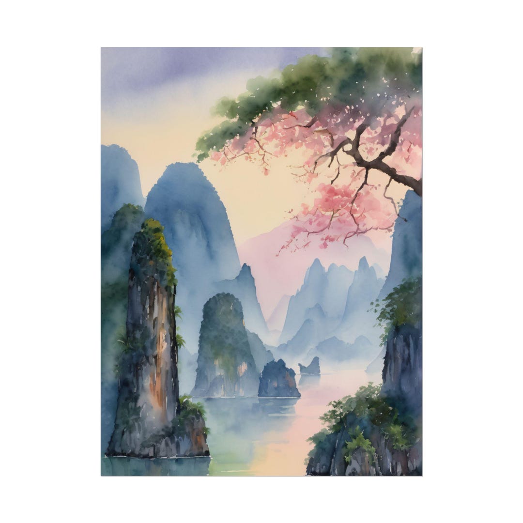 Ha Long Bay Watercolor Painting, Vietnam Landscape Art Print, Sunset ...