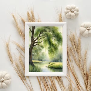 Willow Tree Watercolor Art Print, Lakeside Landscape Painting, Weeping ...