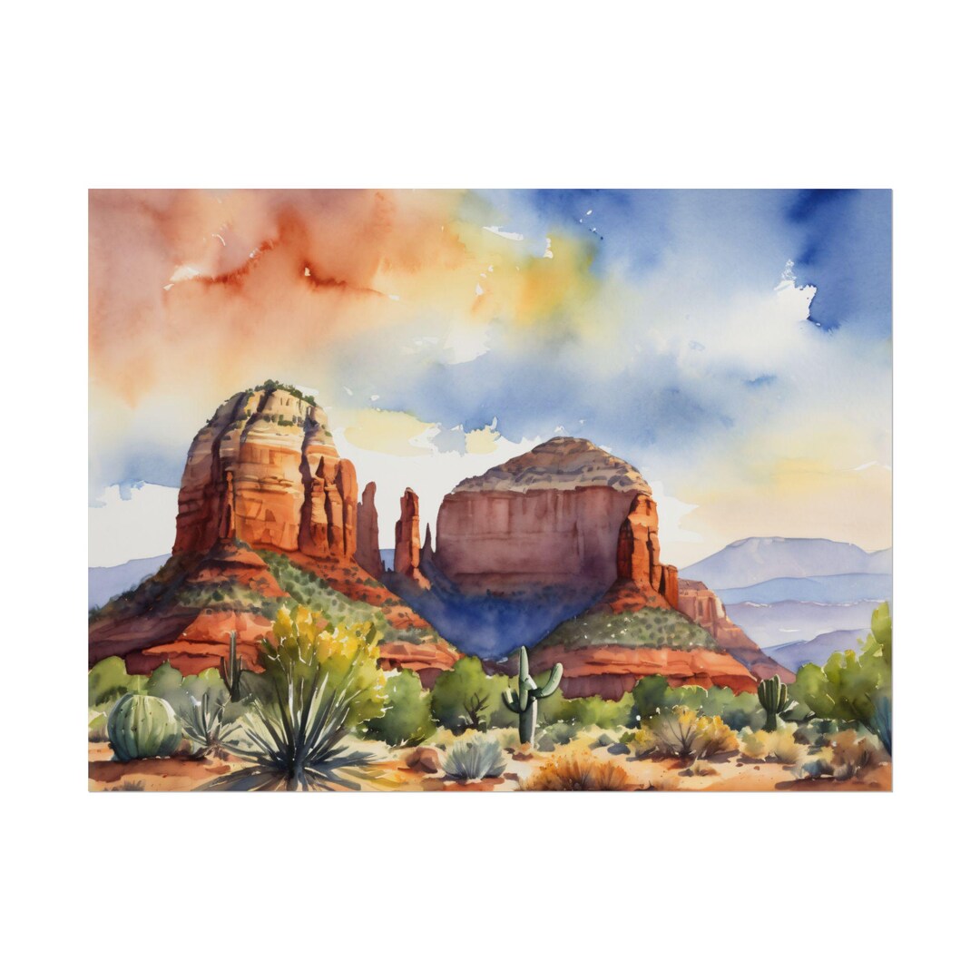 Sedona Watercolor Art Print – Arizona Desert Landscape Painting ...