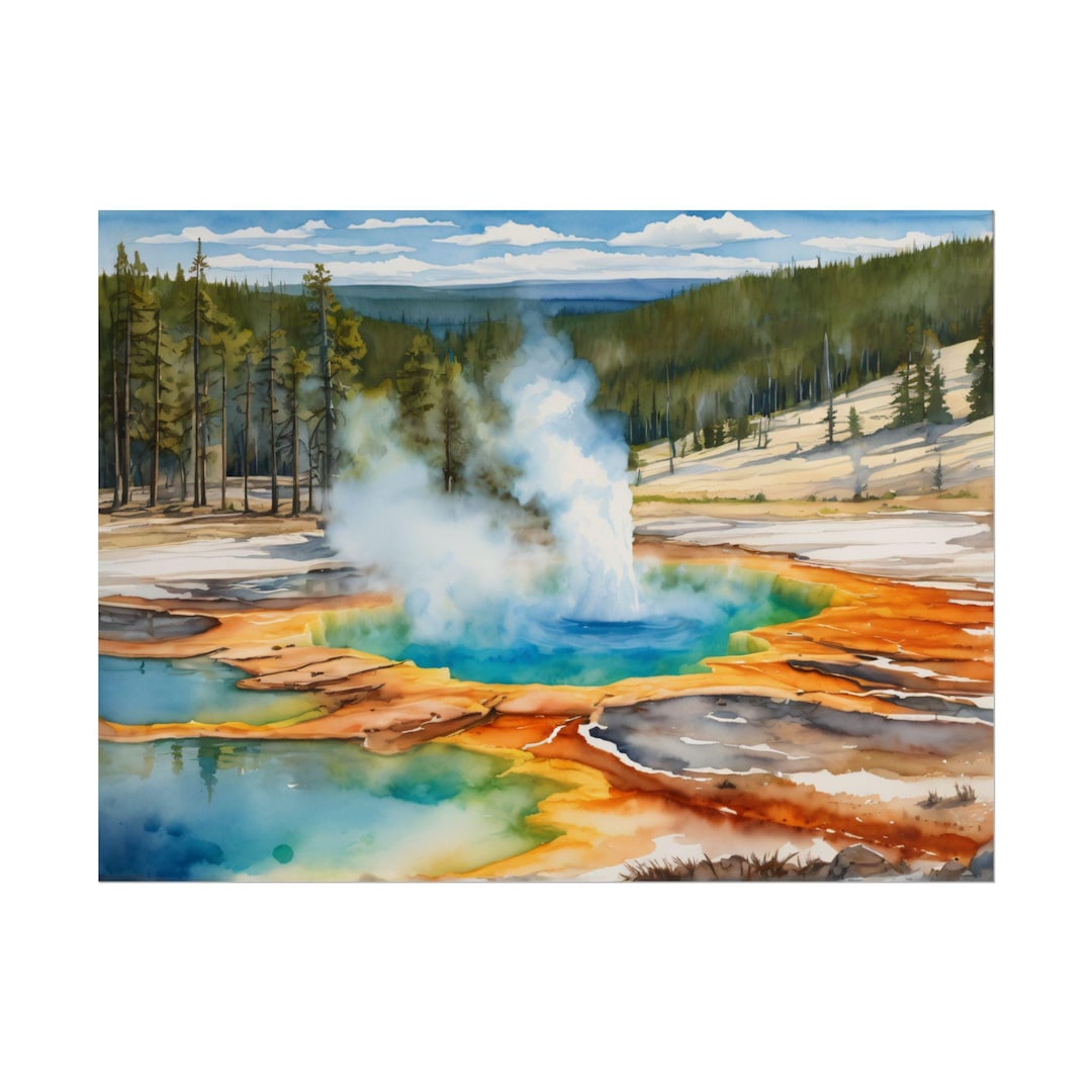 Yellowstone Watercolor Art Print – Geysers & Wyoming Landscape ...