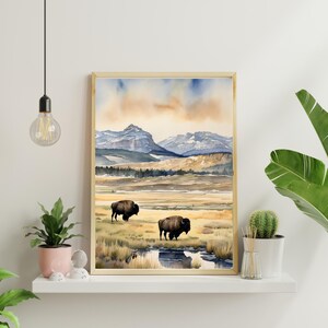 Yellowstone National Park Art Print – Bison & Mountain River Watercolor ...