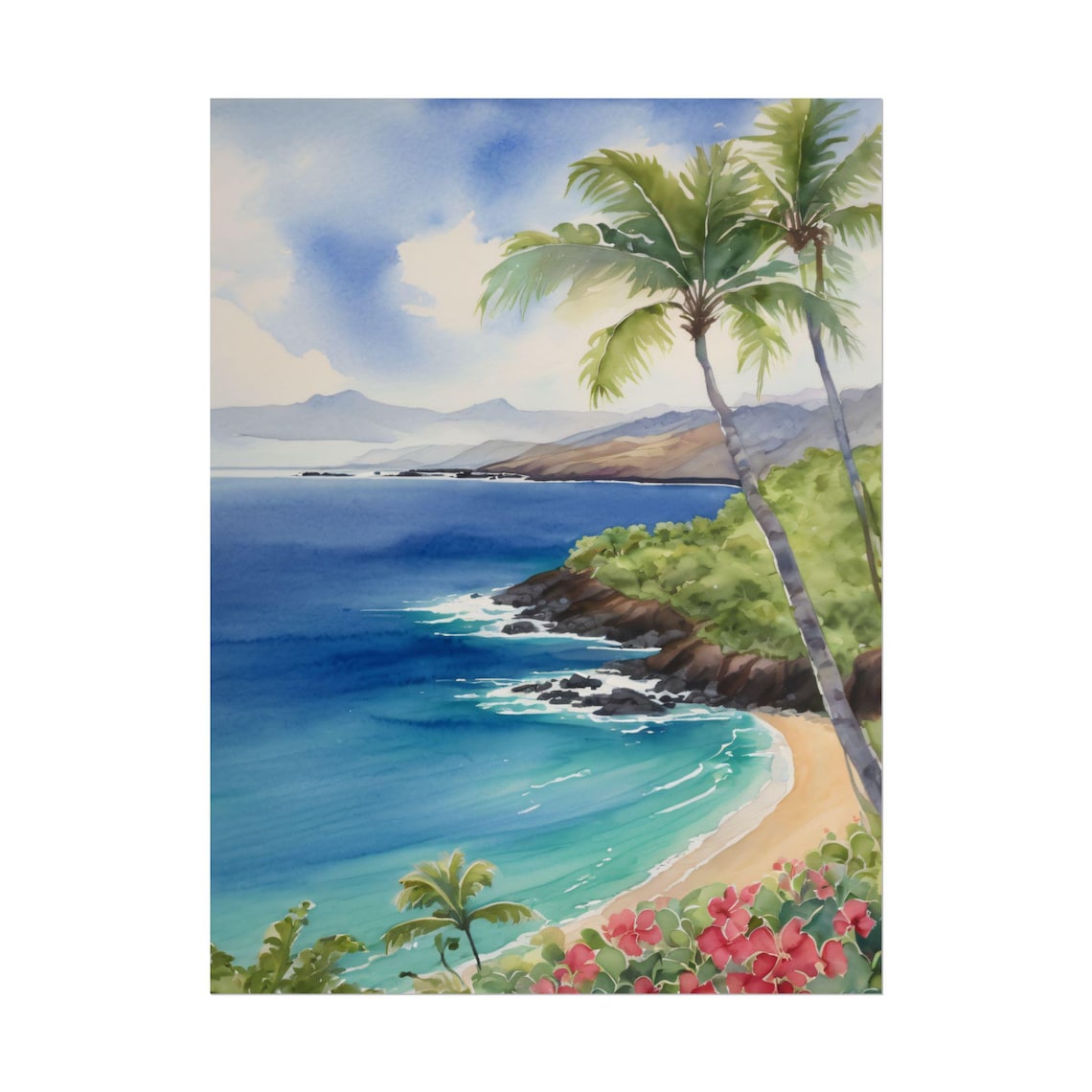 Maui Watercolor Art Print, Hawaii Beach Painting, Tropical Wall Decor ...