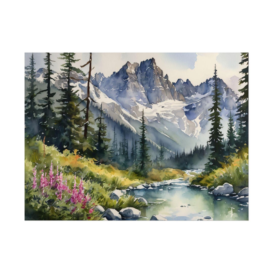 North Cascades Watercolor Print, Washington Mountain & River Landscape ...