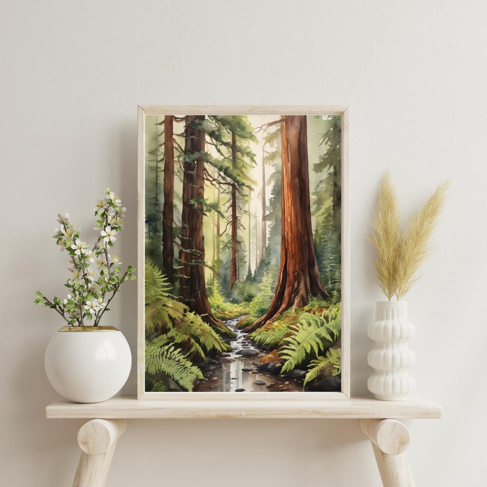 Redwood Forest Watercolor Painting, Sequoia Trees Print, California ...