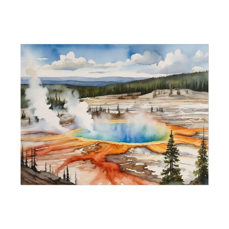 Yellowstone Watercolor Art Print – Geysers & Wyoming Landscape ...