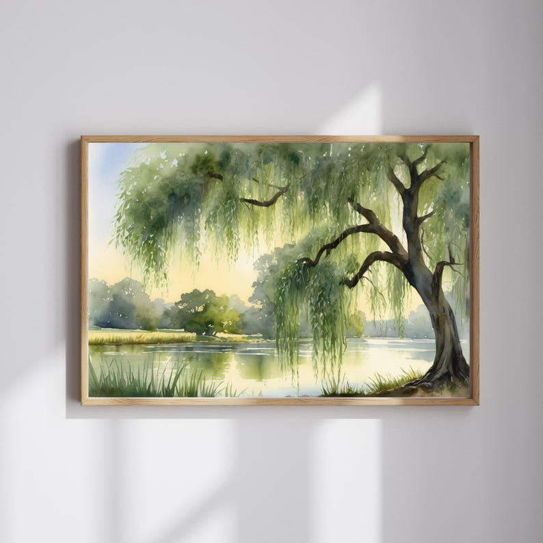 Willow Tree Watercolor Art Print, Lakeside Landscape Painting, Weeping ...