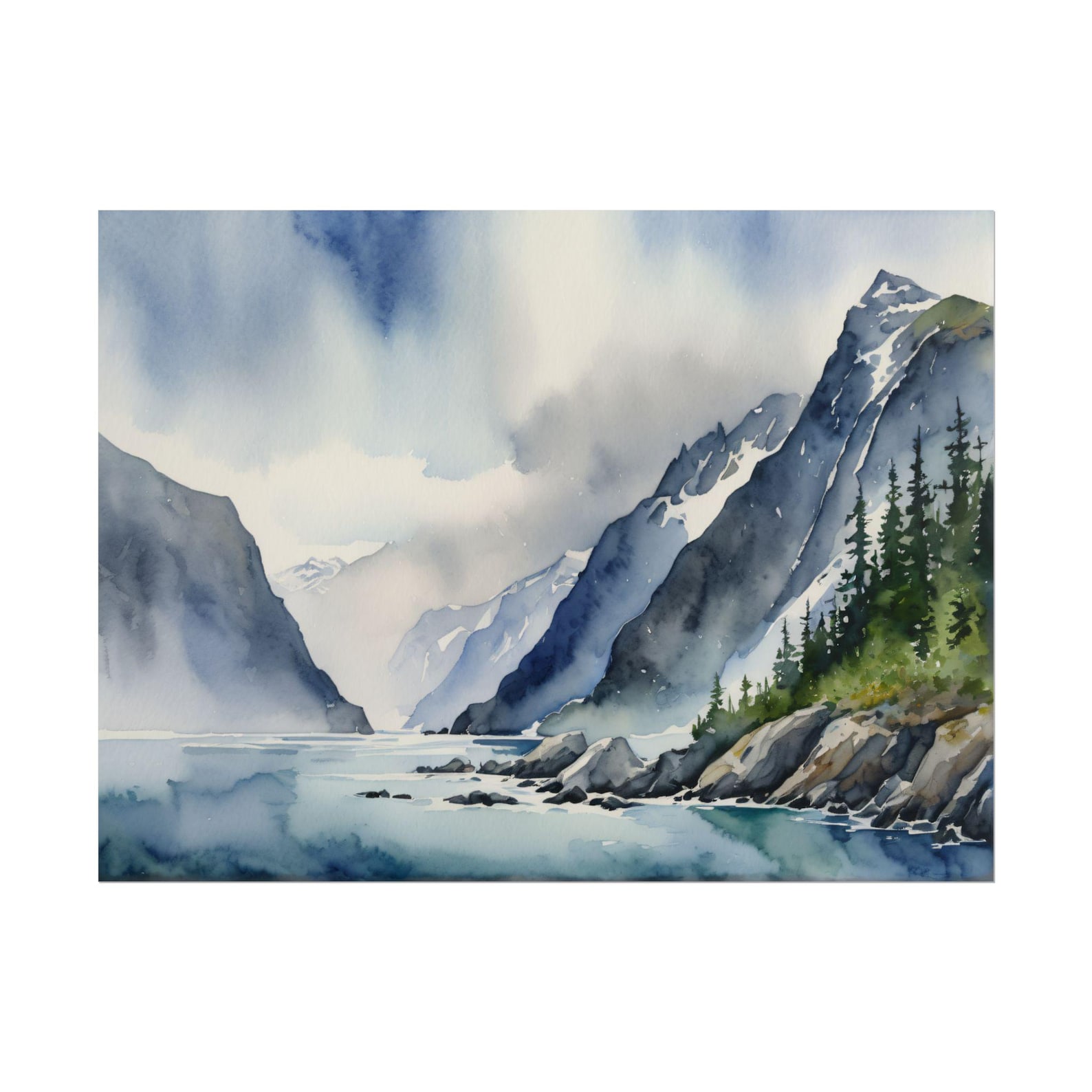 Kenai Fjords Watercolor Art, Alaska National Park & Mountain River ...