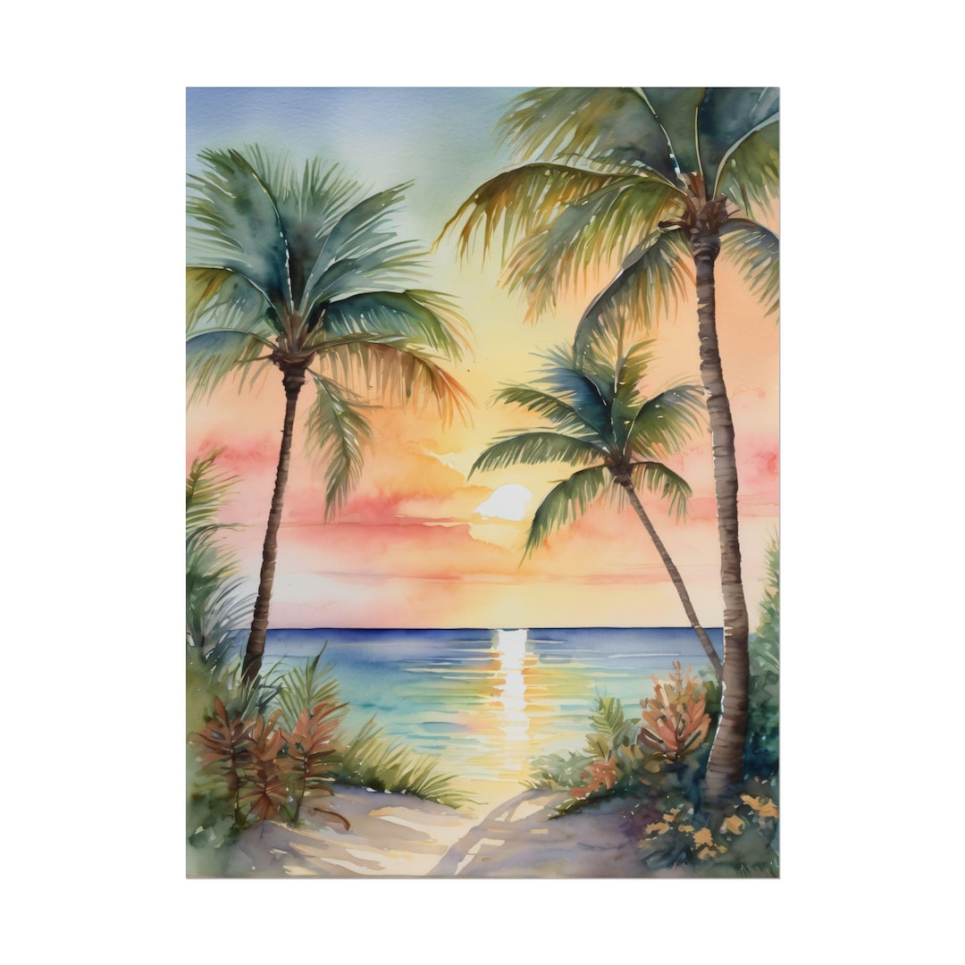 Florida Key West Art, Palm Tree Watercolor Painting, Sunset Tropical ...