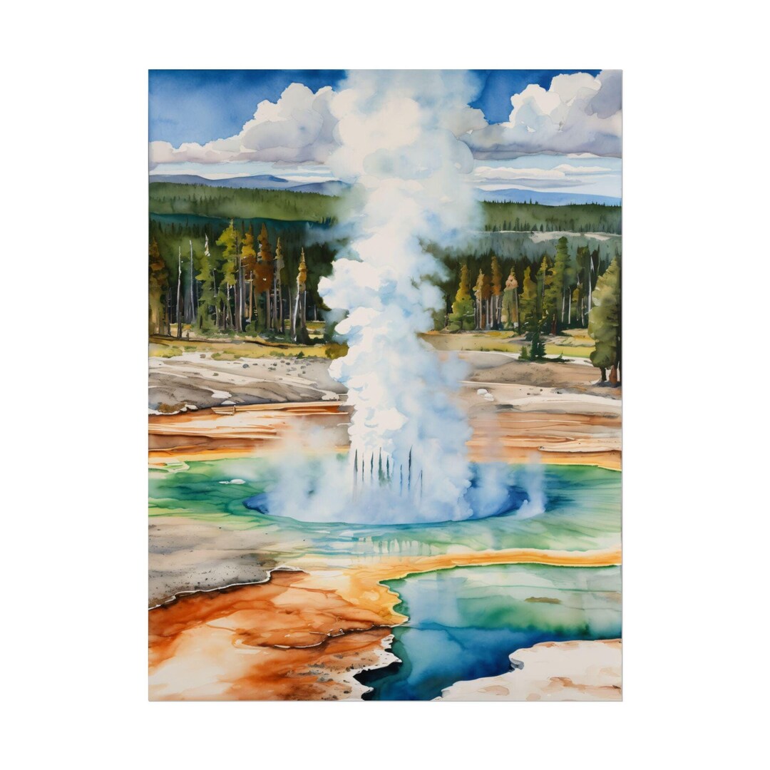 Yellowstone Watercolor Art Print – Geysers & Wyoming Landscape ...