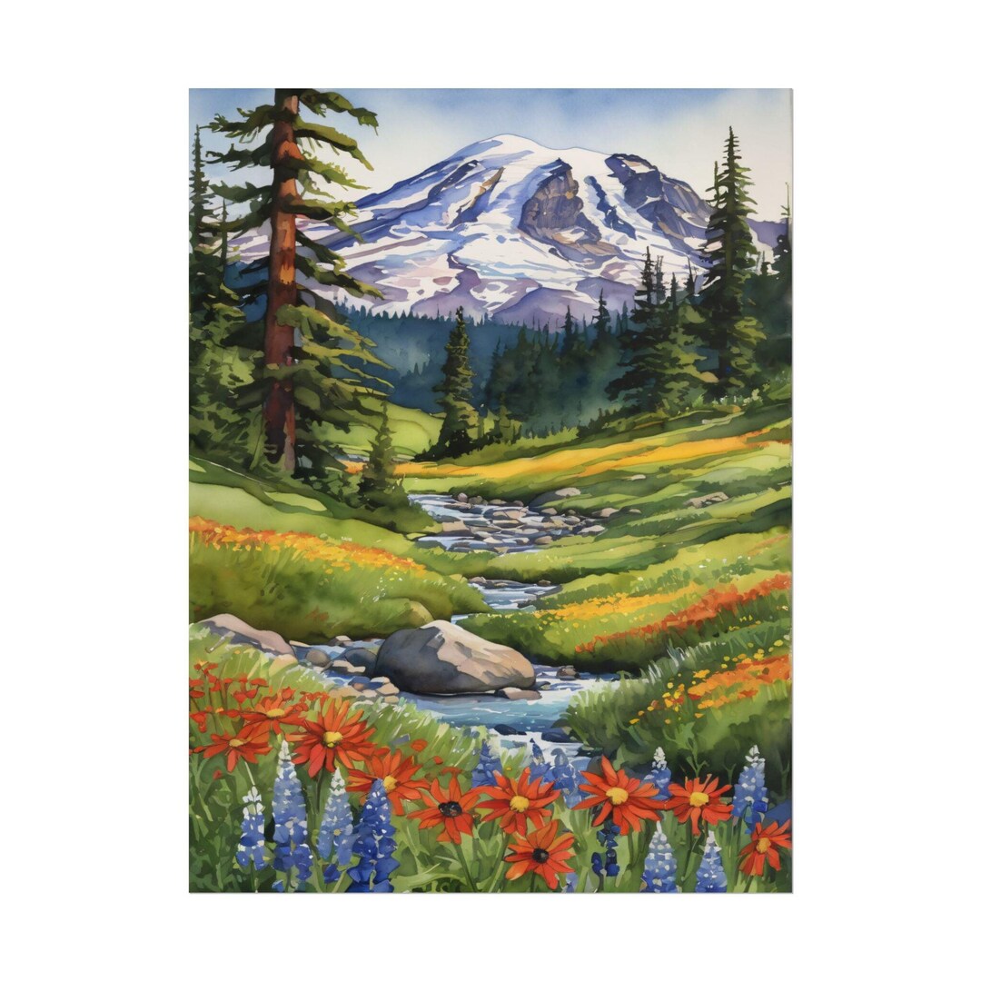 Mount Rainier Watercolor Art Print – National Park Landscape, River ...