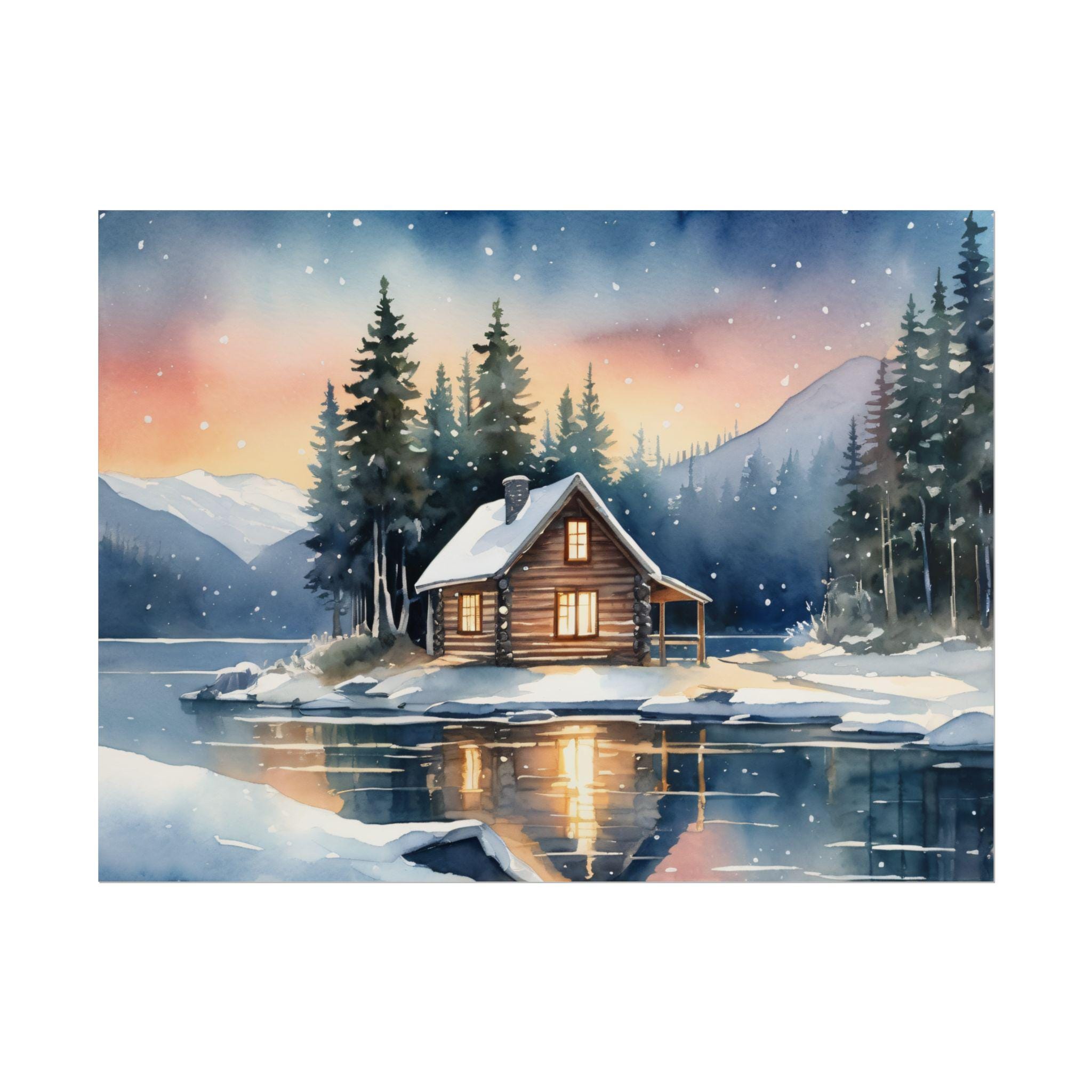 Winter Cabin Watercolor Print, Snowy Forest Painting, Pine Trees Wall ...
