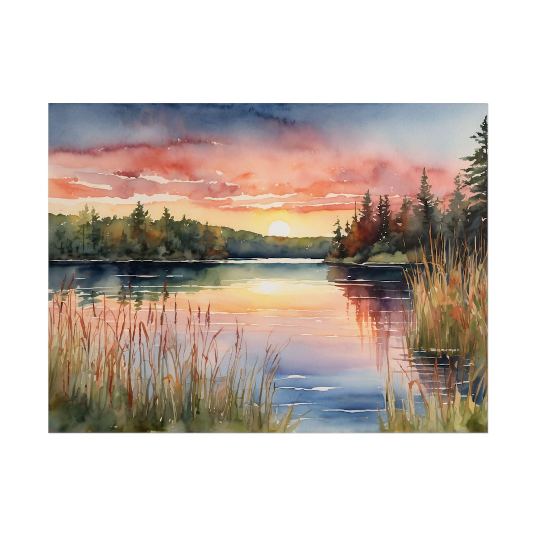 Michigan Watercolor Lake Art Print, Sunset Pine Painting, Great Lakes ...