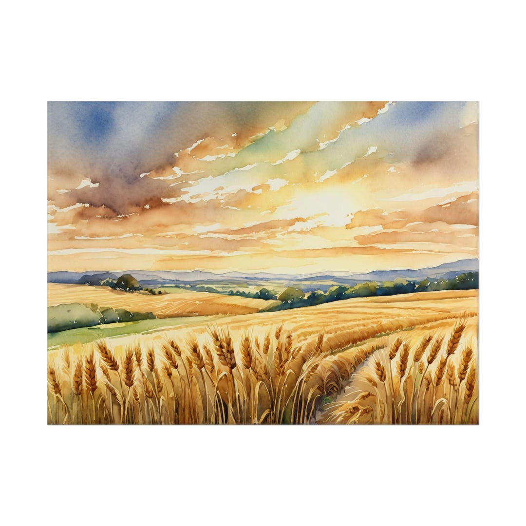 Watercolor Wheat Field Art Print – Golden Countryside Landscape, Rustic ...