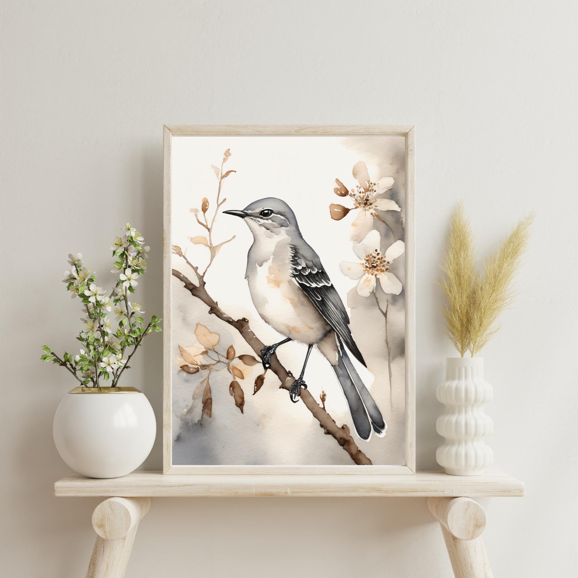 Mockingbird Watercolor Print, Bird Art Painting, Rustic Wall Decor ...