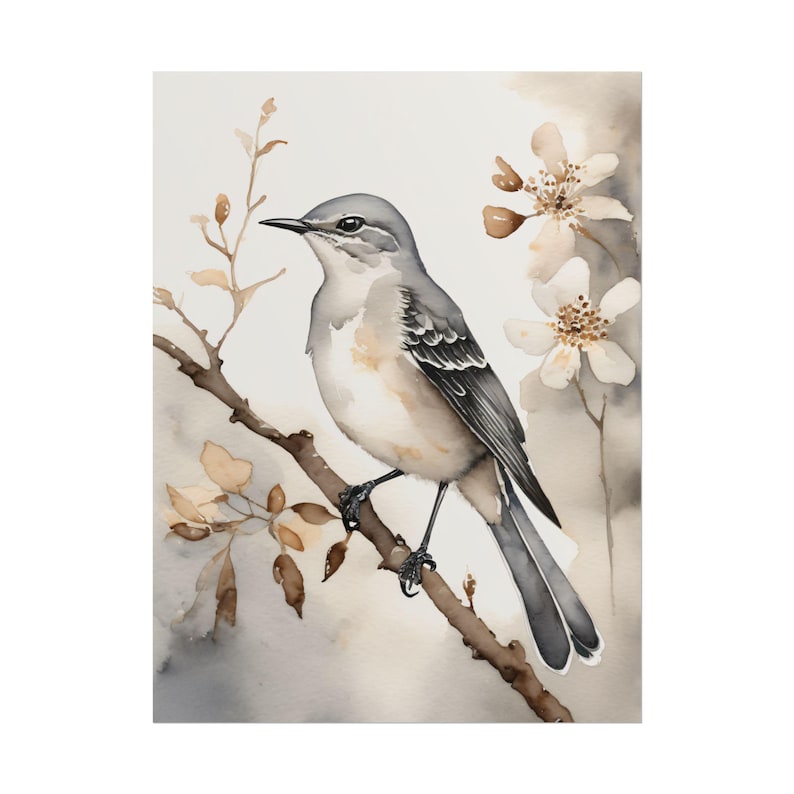 Mockingbird Watercolor Print, Bird Art Painting, Rustic Wall Decor ...