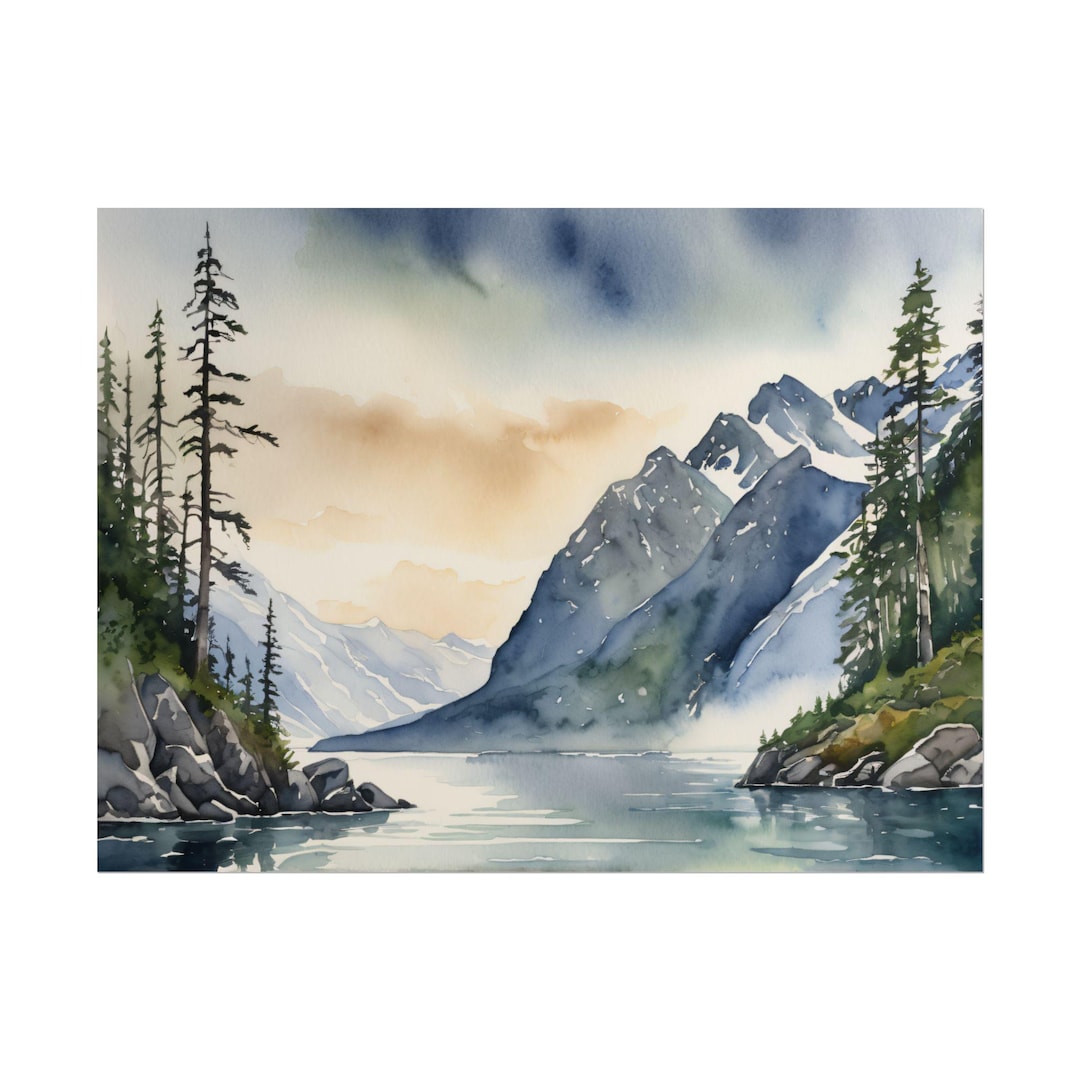 Kenai Fjords Watercolor Art, Alaska National Park & Mountain River ...