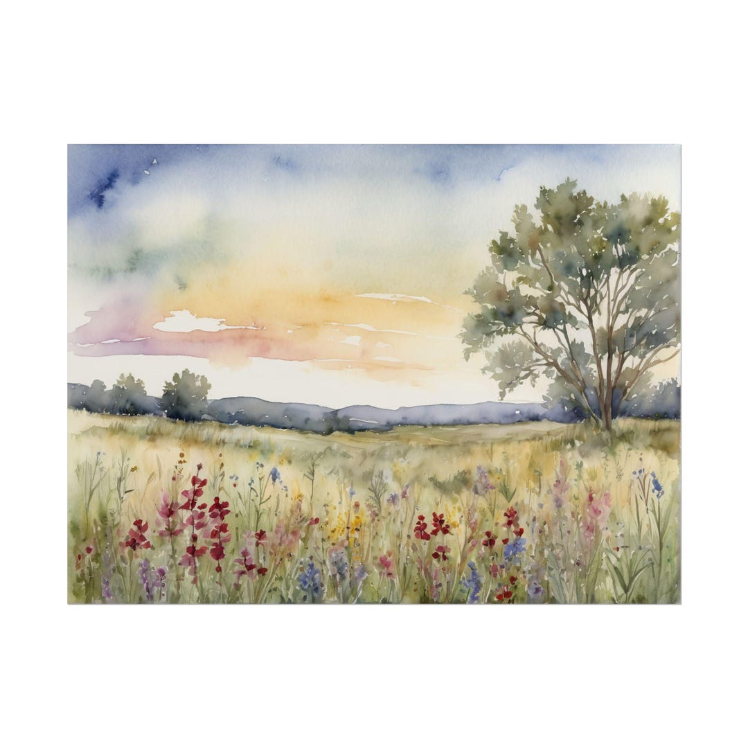 Spring Wildflower Meadow Watercolor Art Print, Floral Field Landscape ...
