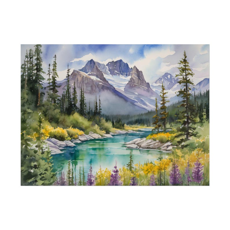 Jasper National Park Watercolor Painting, Pine & River Landscape Art ...