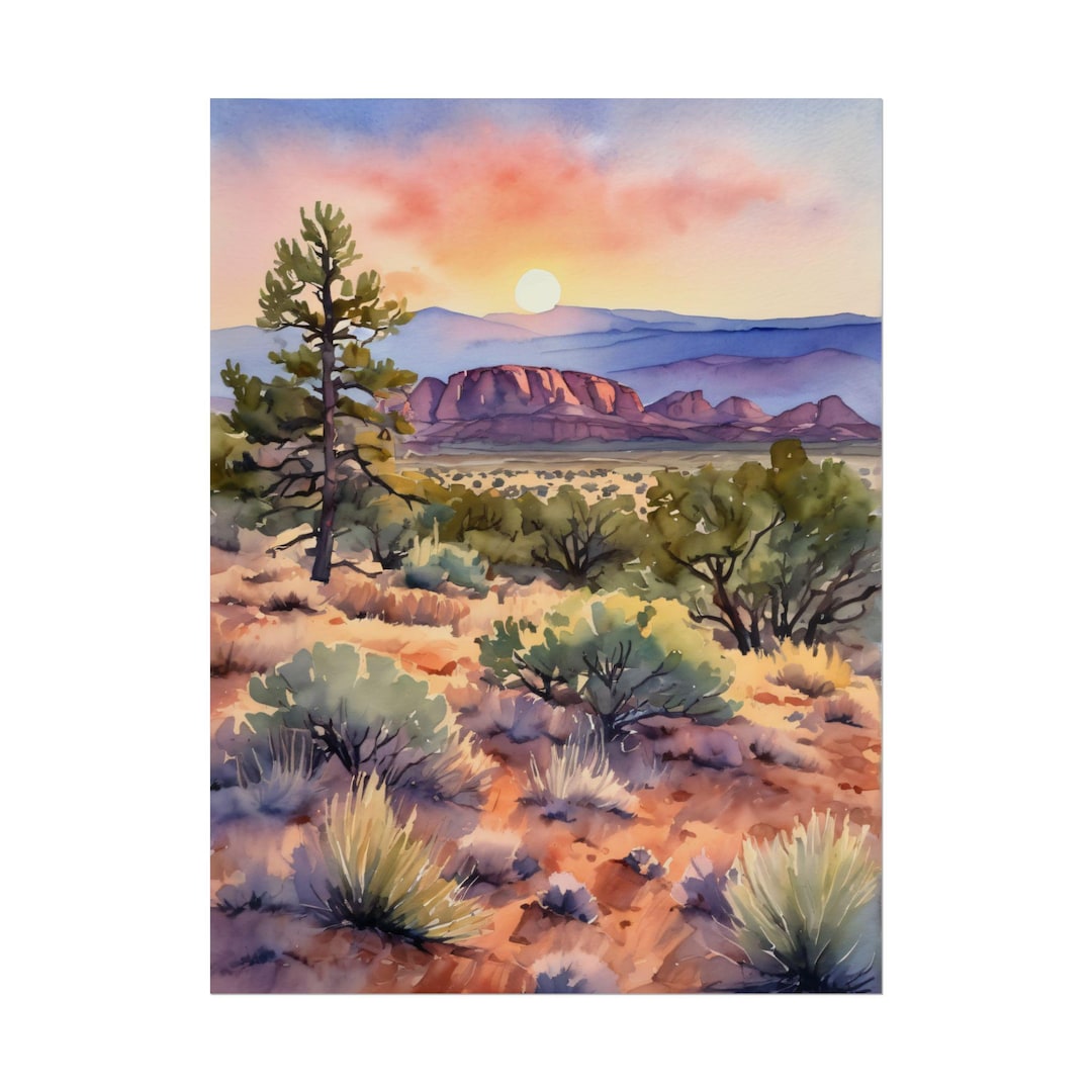 New Mexico Mountains Watercolor Painting, Sunset Landscape Wall Art ...