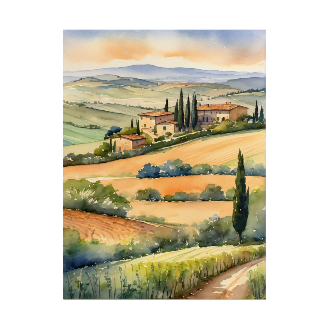 Tuscany Vineyards Watercolor Painting – Italian Landscape Art Print ...