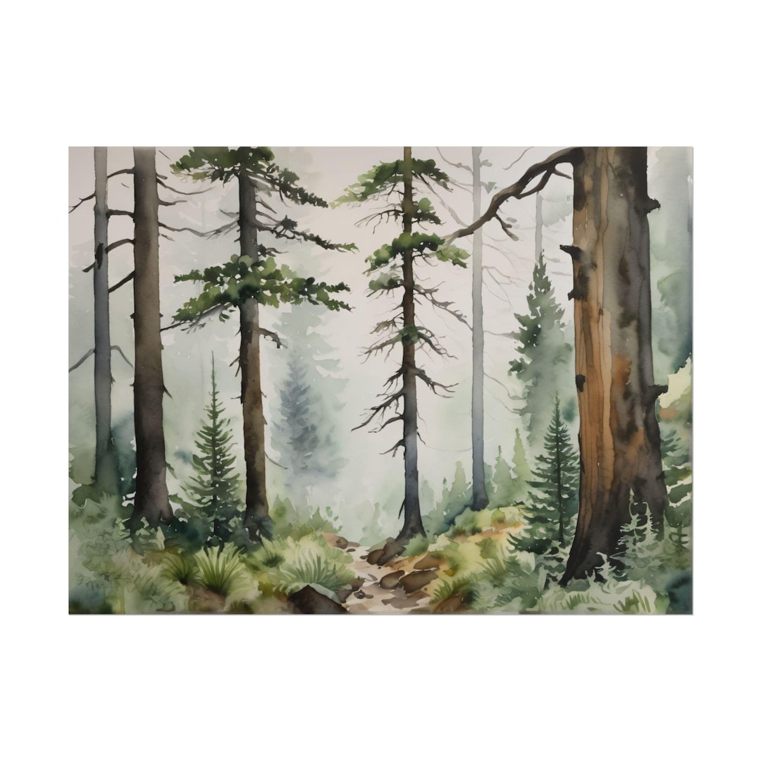 Watercolor Foggy Pine Forest Print – Misty Woodland Landscape Painting ...