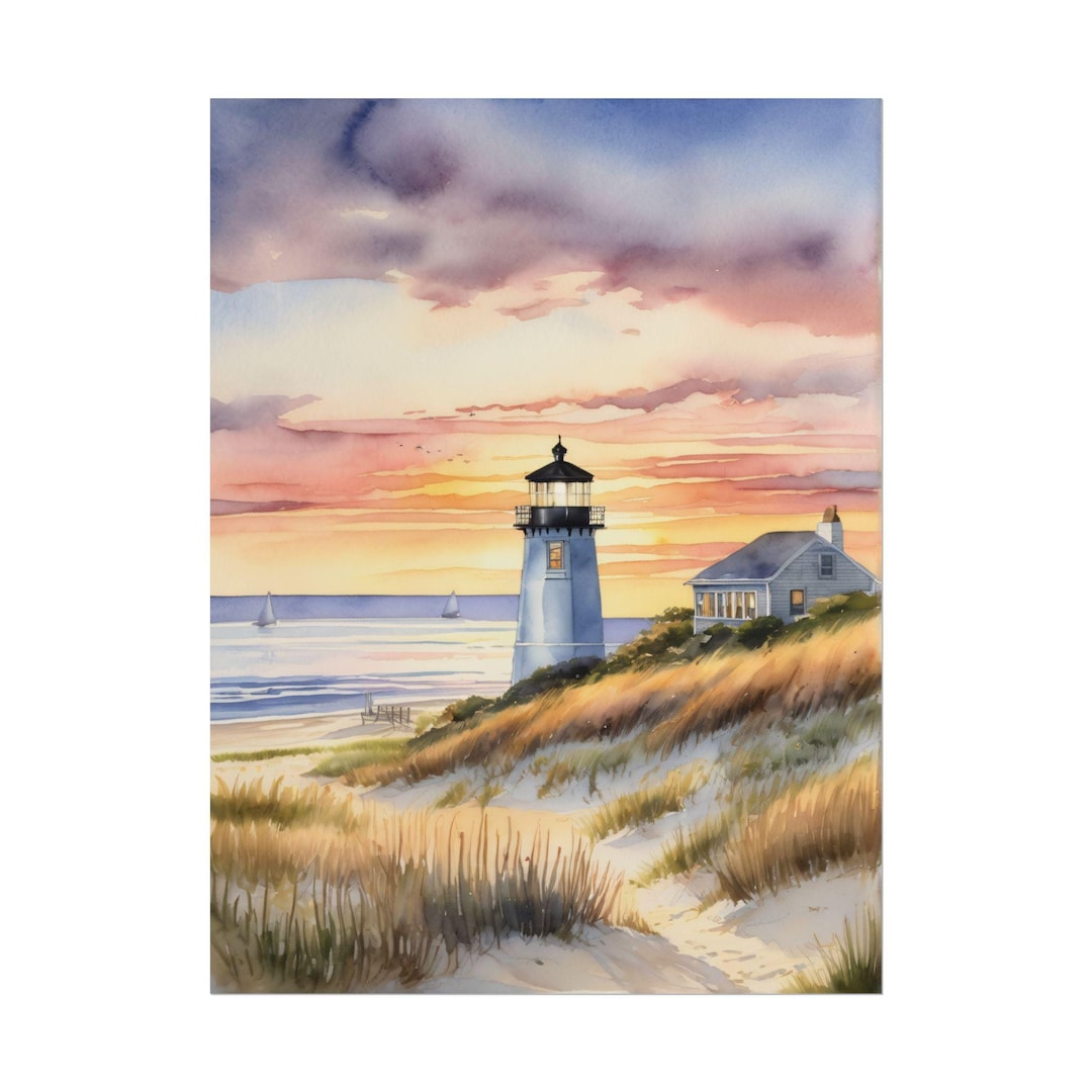 Cape Cod Watercolor Painting – Coastal Lighthouse Art Print, Ocean Path ...