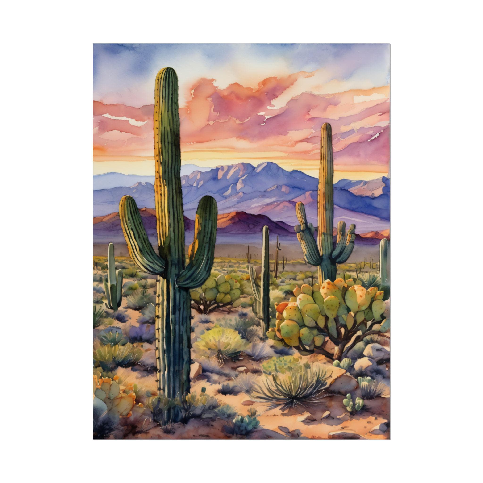 Saguaro National Park Watercolor Painting, Sunset Art Print, Desert ...