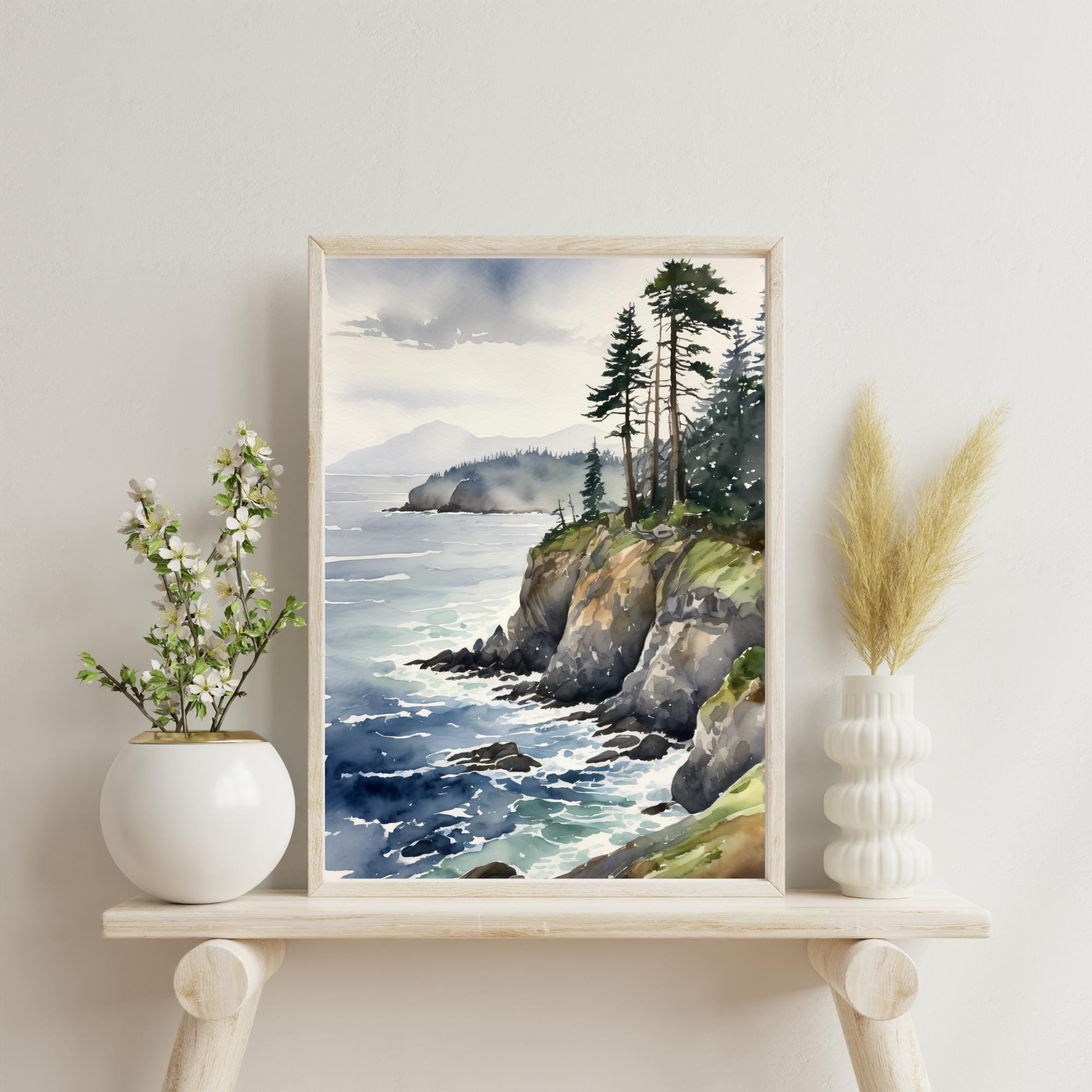 Pacific Mist Watercolor Art Print, Oregon Coast Landscape Painting ...