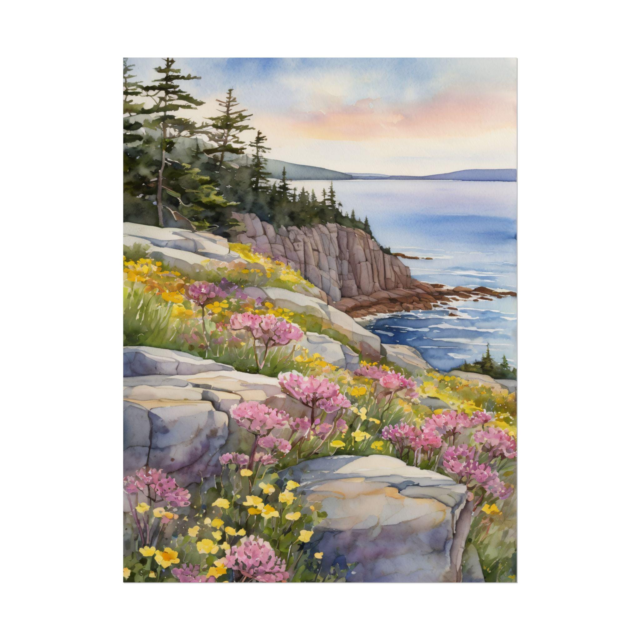 Acadia National Park Watercolor Art Print – Maine Coastal Landscape ...