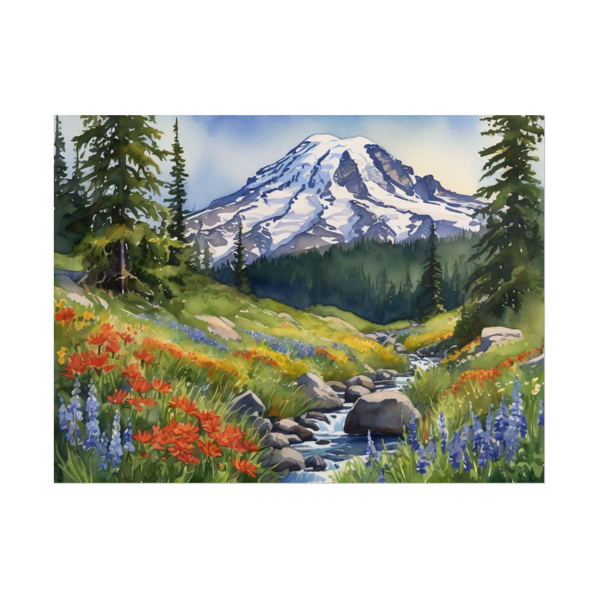 Mount Rainier Watercolor Art Print – National Park Landscape, River ...