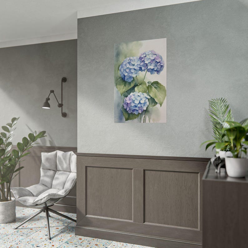 Hydrangea Watercolor Painting, Blue Floral Art Print, Botanical Wall ...
