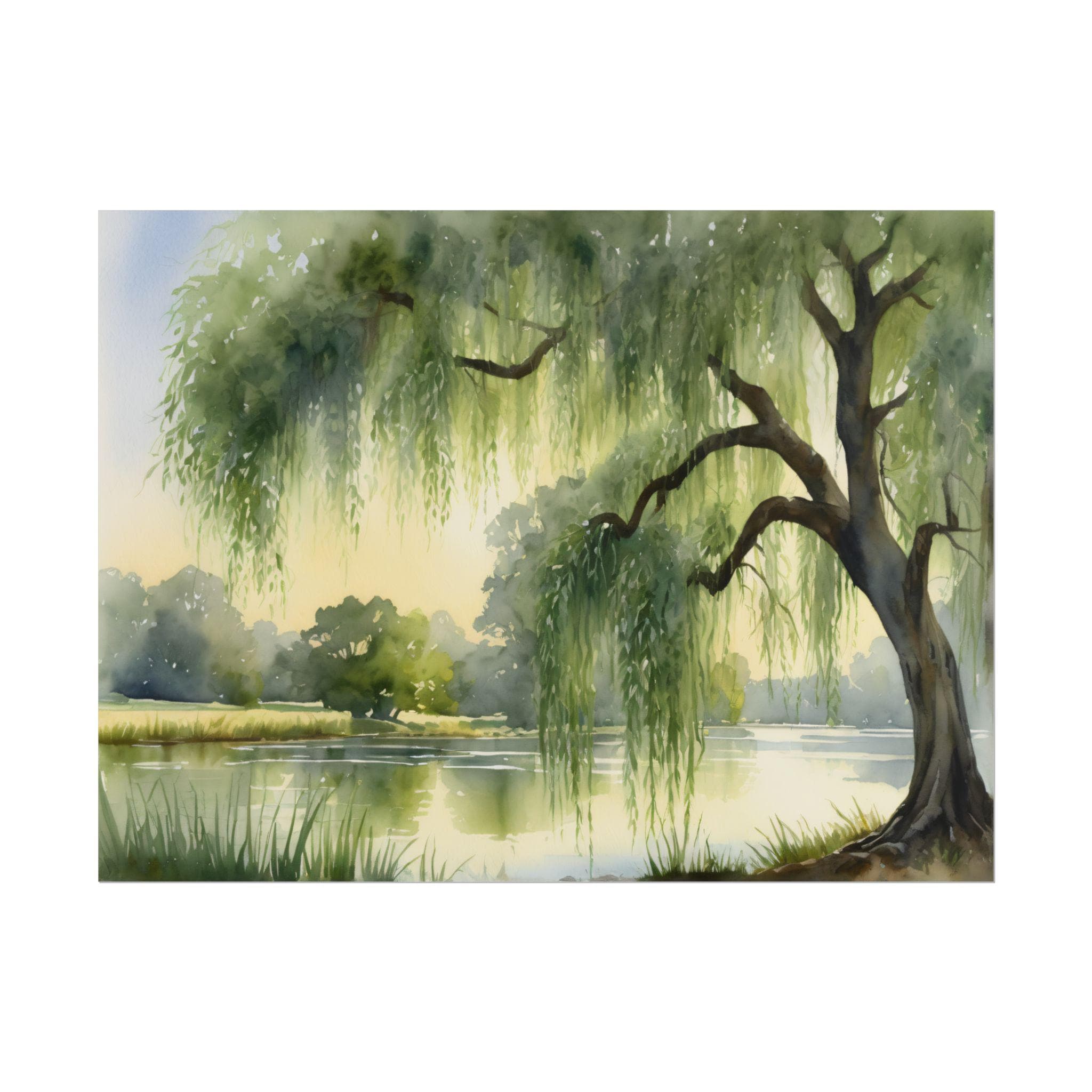 Willow Tree Watercolor Art Print, Lakeside Landscape Painting, Weeping ...