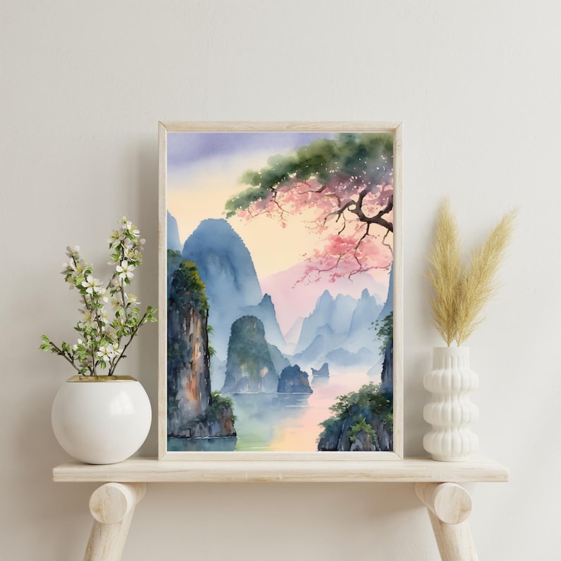 Ha Long Bay Watercolor Painting, Vietnam Landscape Art Print, Sunset ...