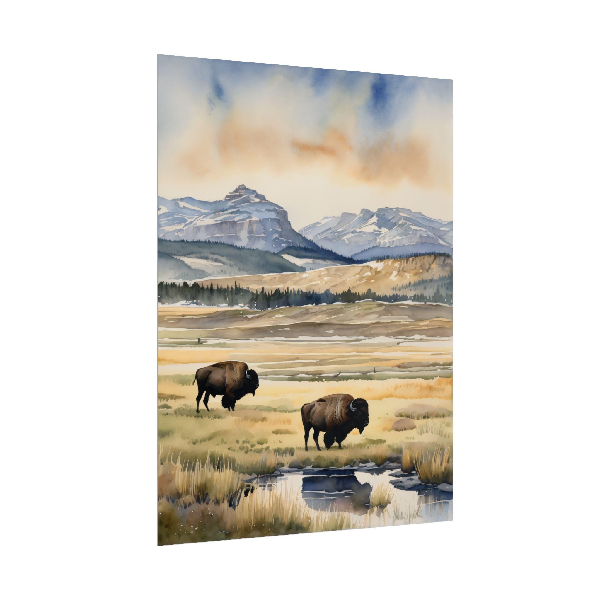 Yellowstone National Park Art Print – Bison & Mountain River Watercolor ...