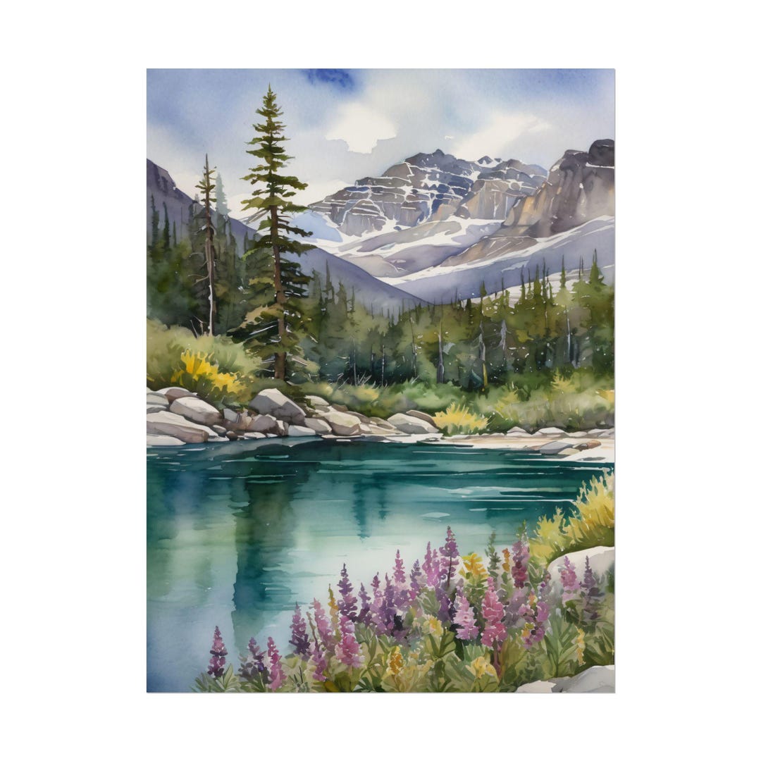 Jasper National Park Watercolor Painting, Pine & River Landscape Art ...