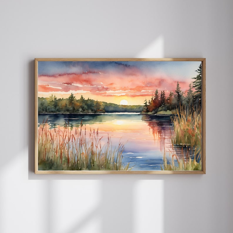 Michigan Watercolor Lake Art Print, Sunset Pine Painting, Great Lakes ...