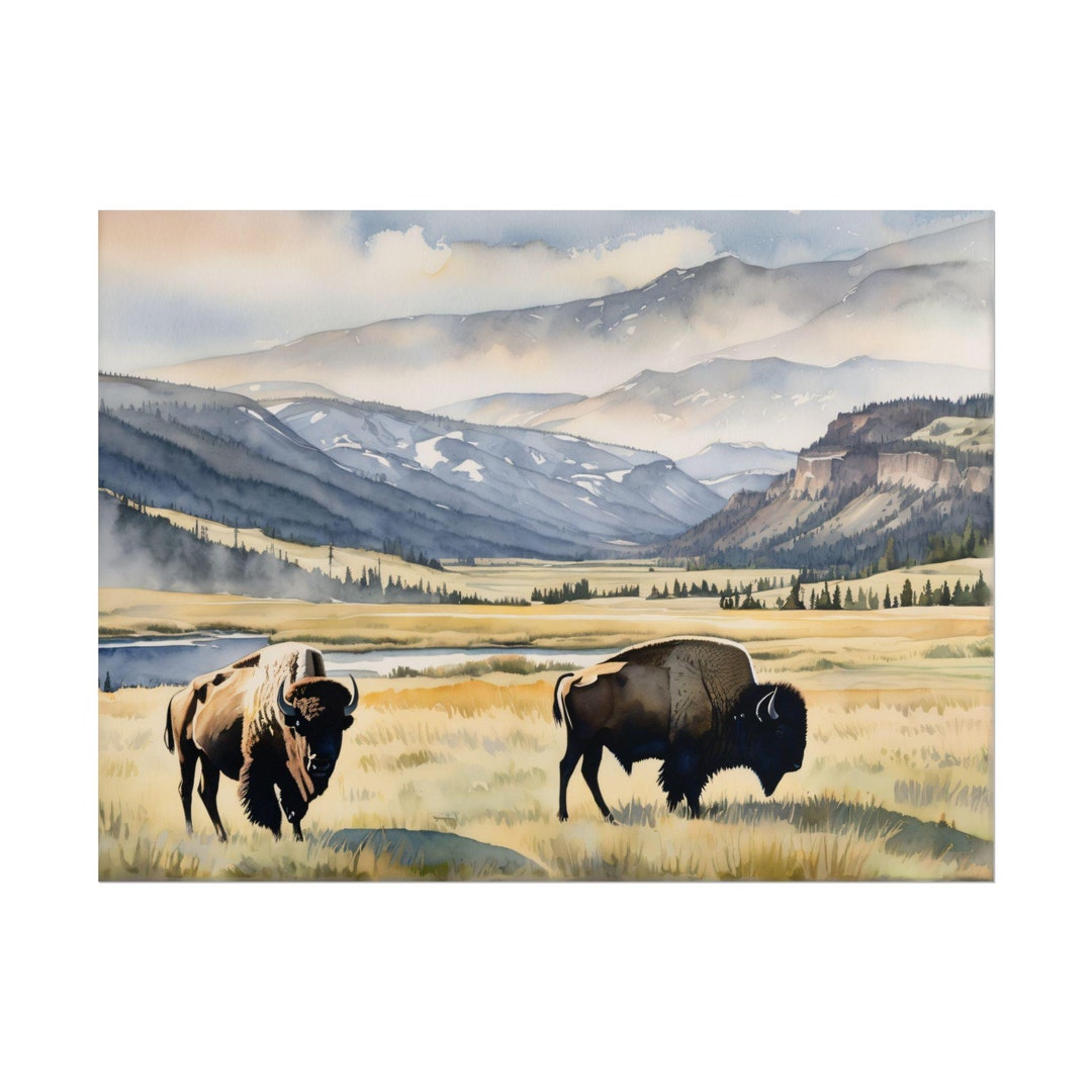 Yellowstone National Park Art Print – Bison & Mountain River Watercolor ...