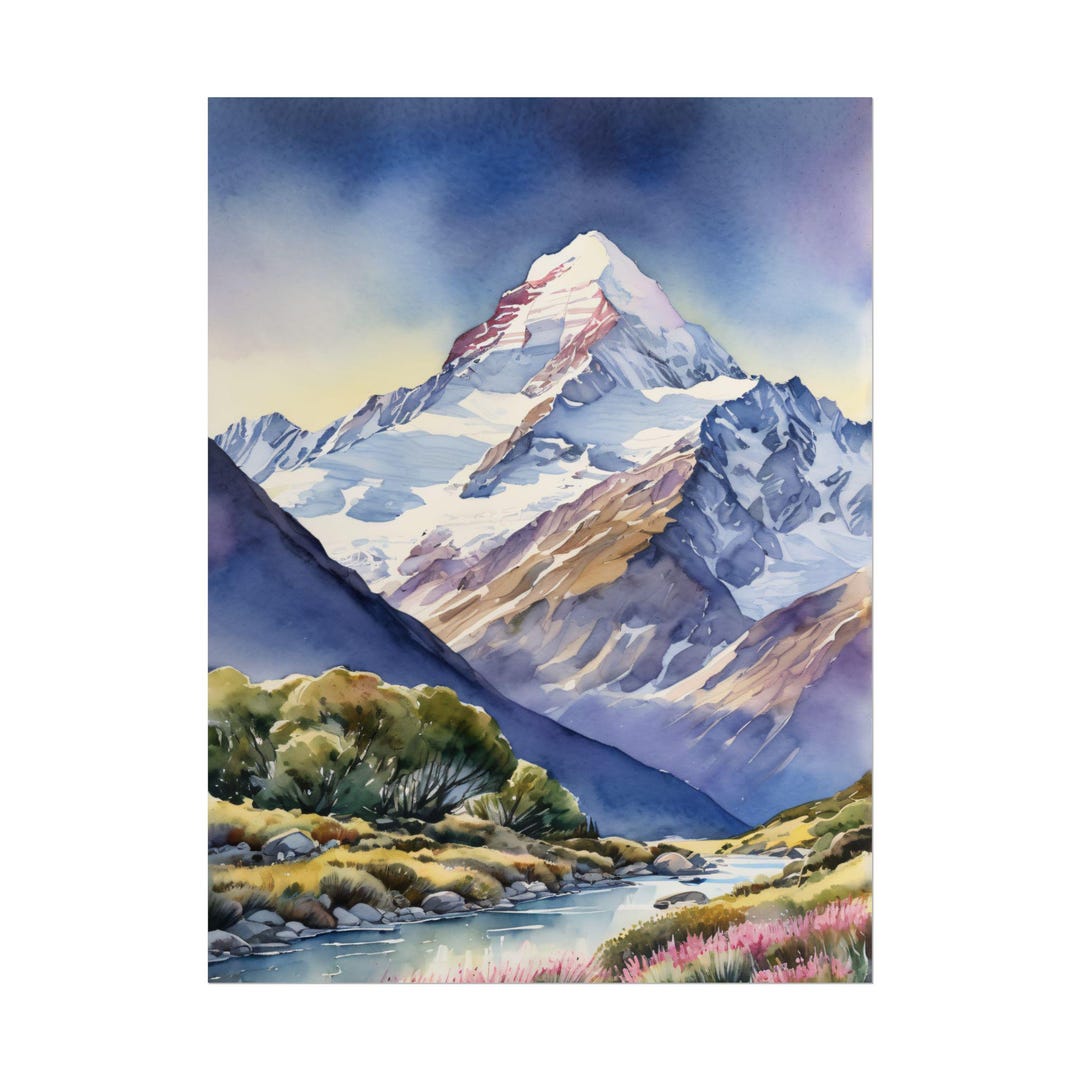 Mount Cook Watercolor Art Print – New Zealand Mountain Landscape ...