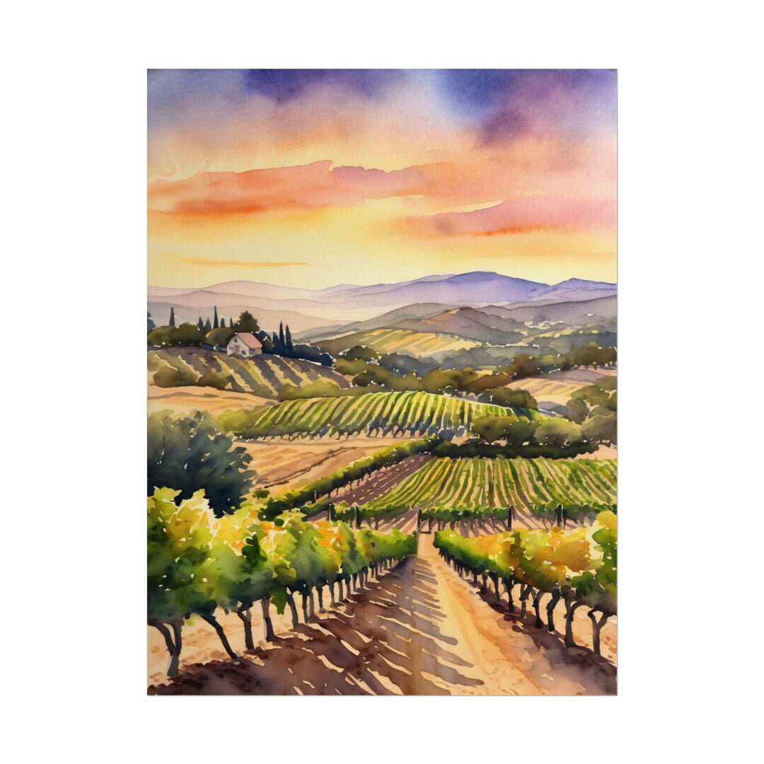 Napa Valley Watercolor Art Print, California Vineyard Landscape, Wine ...