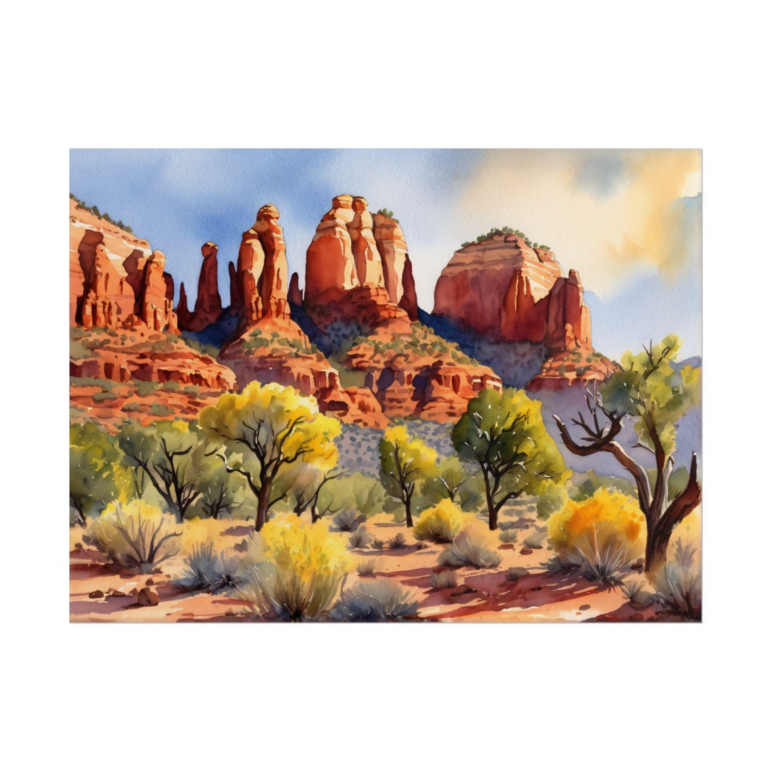 Sedona Watercolor Art Print – Arizona Desert Landscape Painting ...