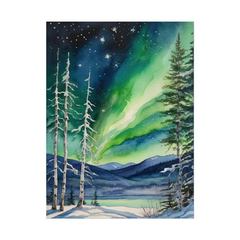 Northern Lights Watercolor Painting, Aurora Borealis Art Print, Snowy ...