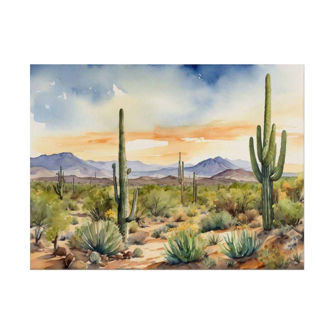 Saguaro National Park Watercolor Painting, Sunset Art Print, Desert ...