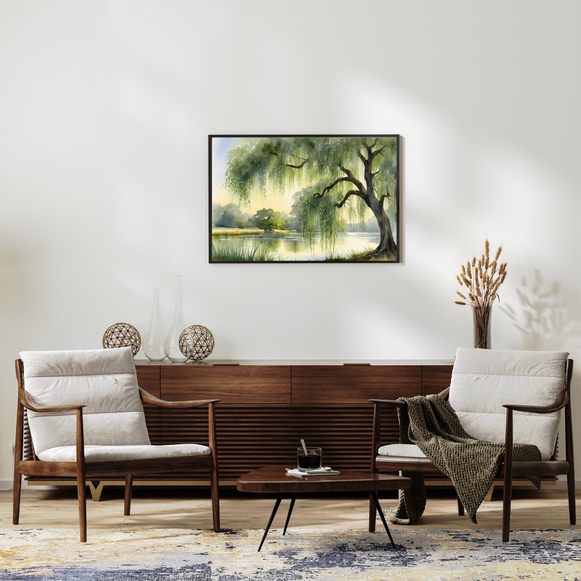 Willow Tree Watercolor Art Print, Lakeside Landscape Painting, Weeping ...