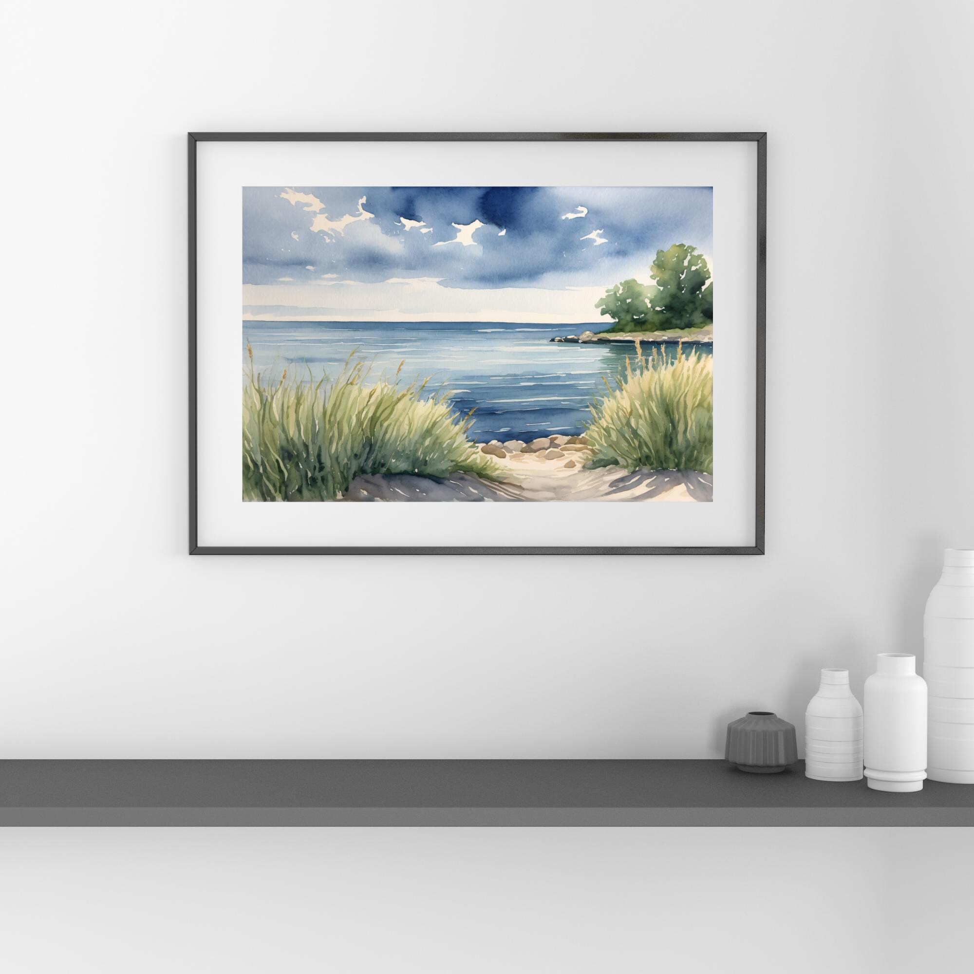 Lake Erie Art Print, Watercolor Lake Painting, Coastal Landscape Poster ...