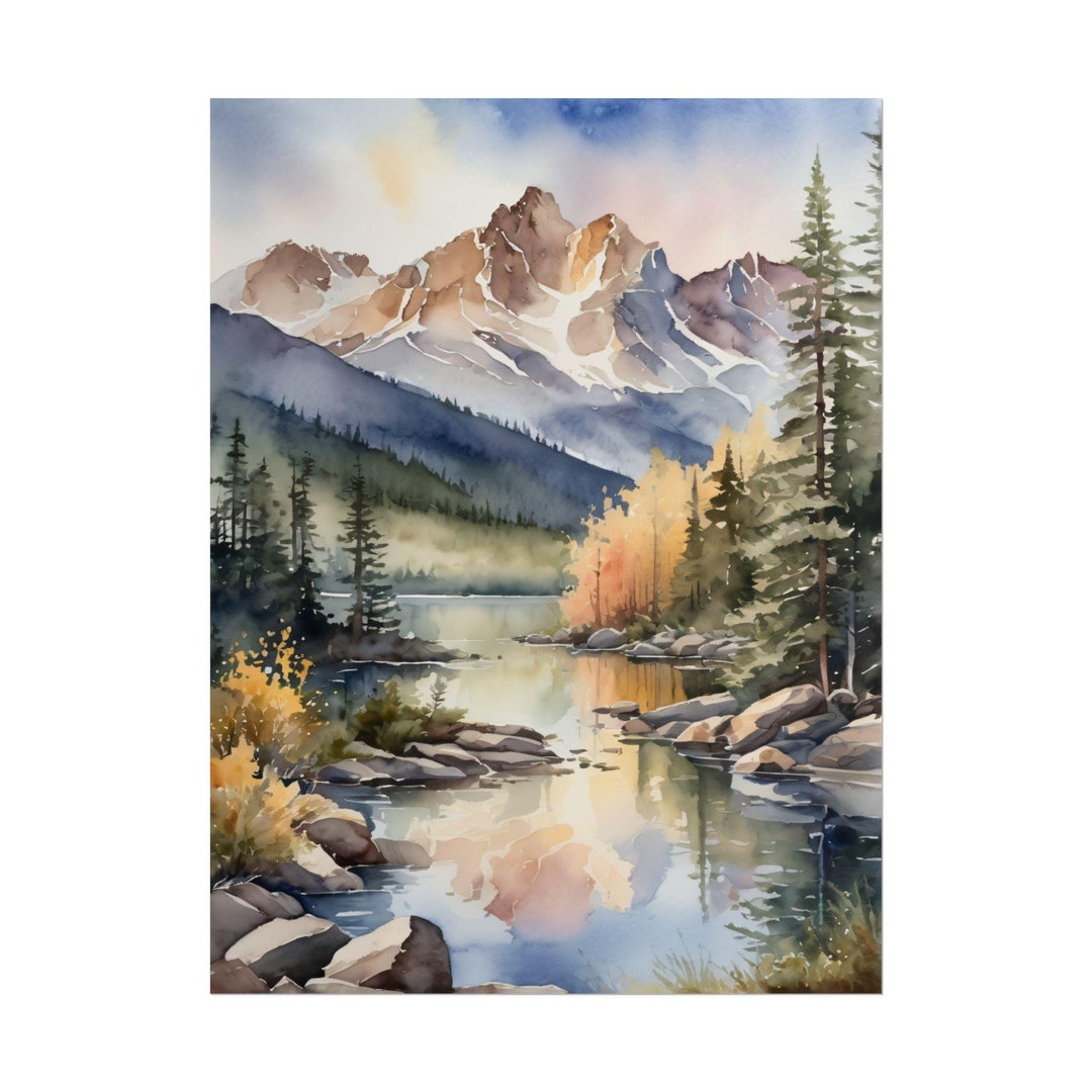 Rocky Mountain Lake Watercolor Art Print, Colorado Landscape, Mountain ...